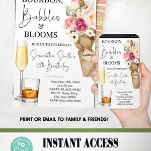 Bourbon Bubbles and Blooms Birthday Party Invitation Pink Floral Boho ...