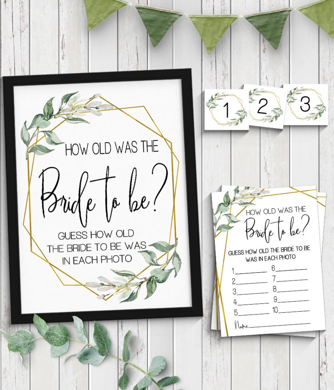 Greenery Gold Geometric Guess Bride's Age Bridal Shower Game (ready to ...