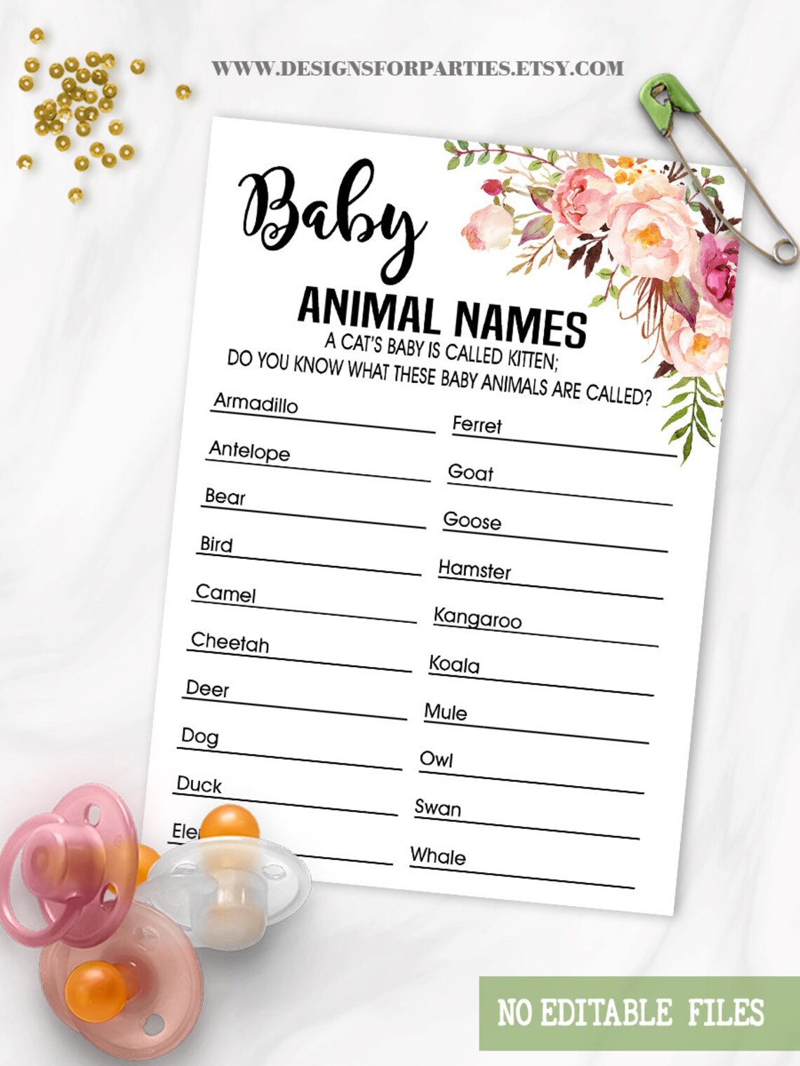 Pink Flowers Guess Baby Animals Name Baby Shower Game Pink | Etsy