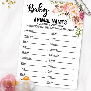 Pink Flowers Guess Baby Animals Name Baby Shower Game Pink Floral Boho ...