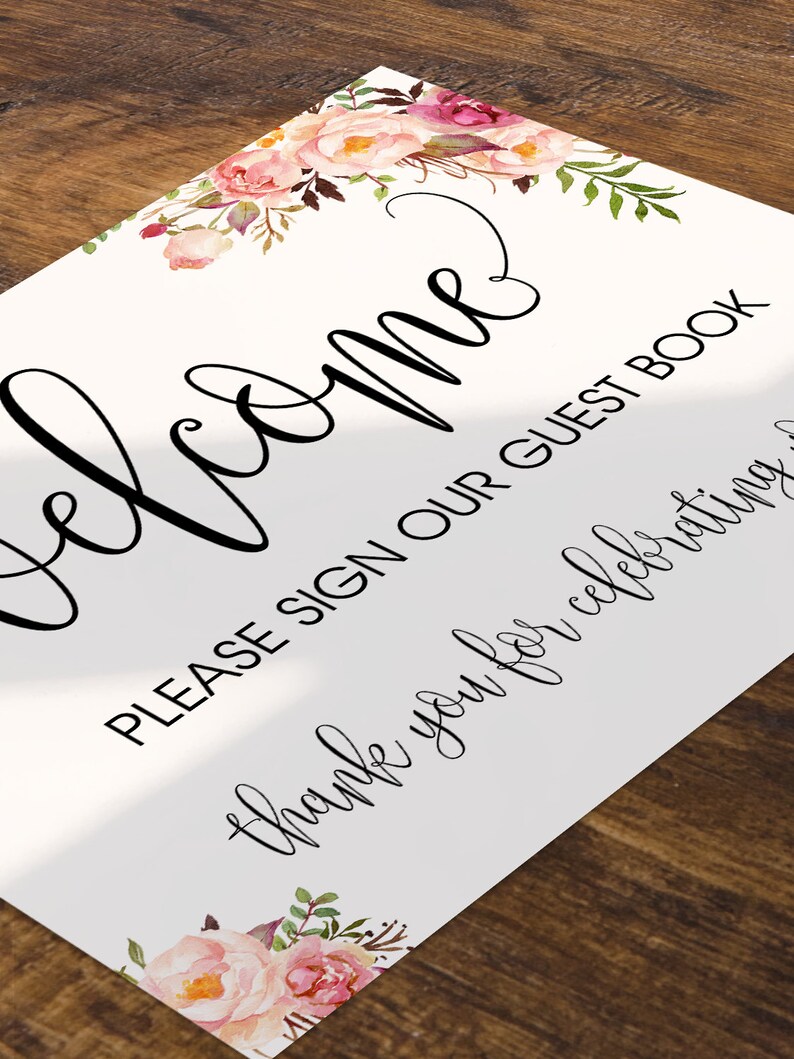 Welcome Please Sign Our Guest Book Sign Pink Flowers Bridal | Etsy