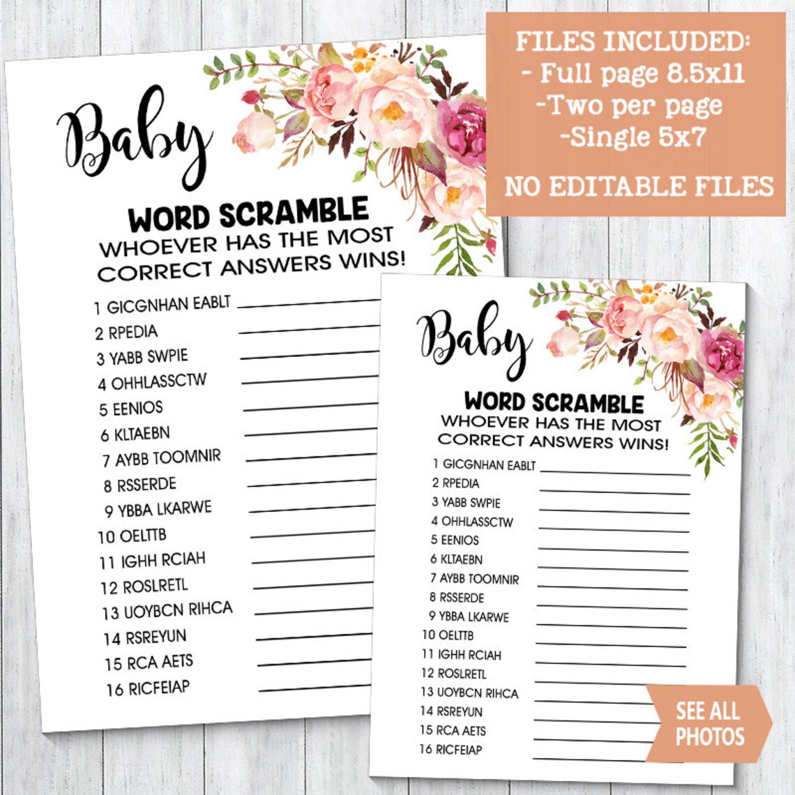 Pink Floral Baby Word Scramble Baby Shower Game Pink Flowers | Etsy