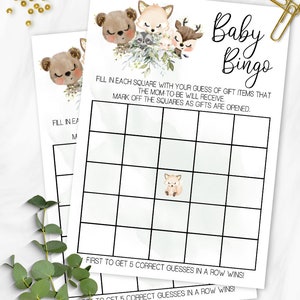 Forest Animals Baby Shower Bingo, Bingo Baby Shower Game Greenery ...