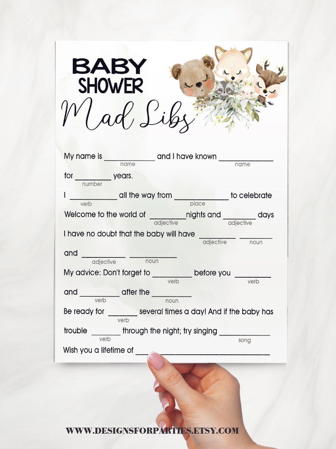 Forest Animals Mad Libs Baby Shower Game Advice for the - Etsy UK