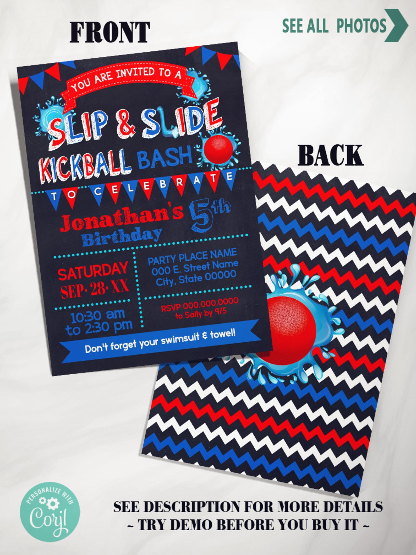 Slip & Slide Kickball Summer Birthday Bash Invitation Children | Etsy