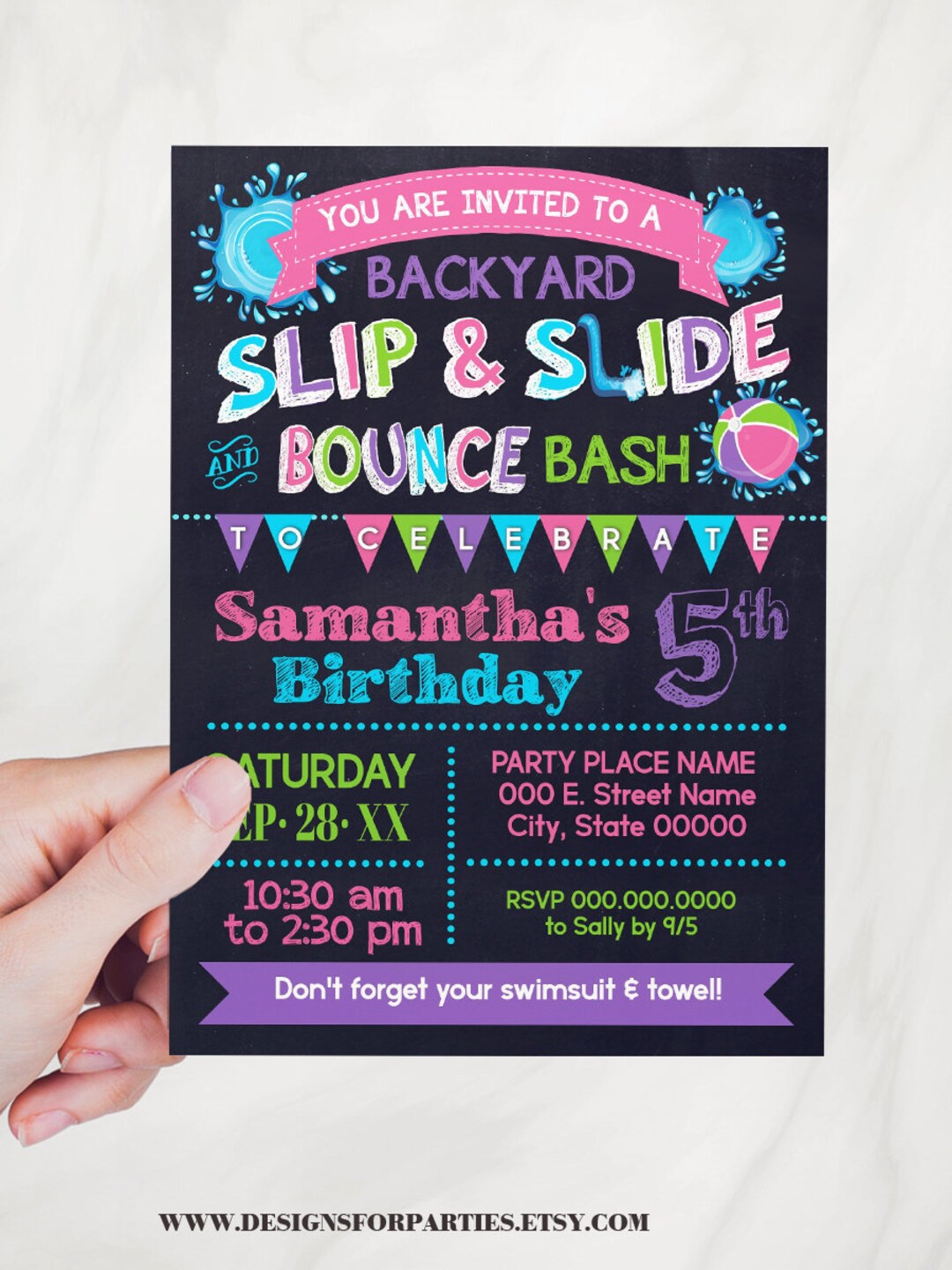 Slip & Slide Bounce Birthday Invitation: Summer Water Bash, Pink ...