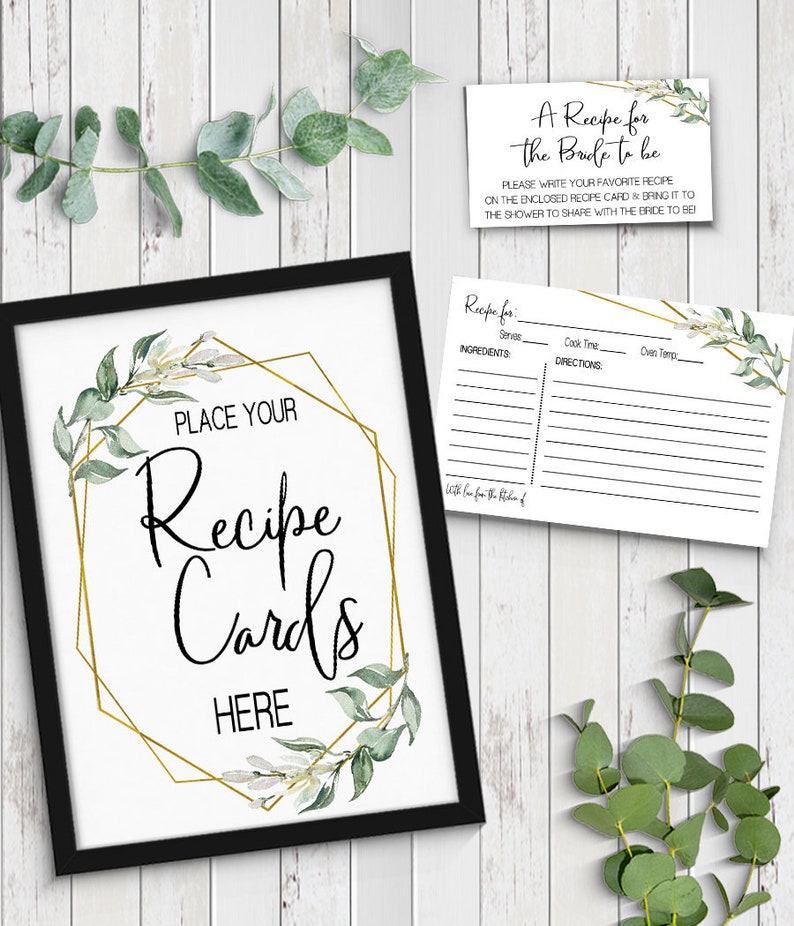 Recipe Card for the Bride, Bring a Recipe Bridal Shower Greenery Gold ...