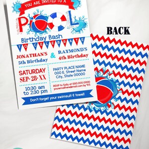 Pool Summer Backyard Bash Invitation Water Bash Combined Siblings Red ...