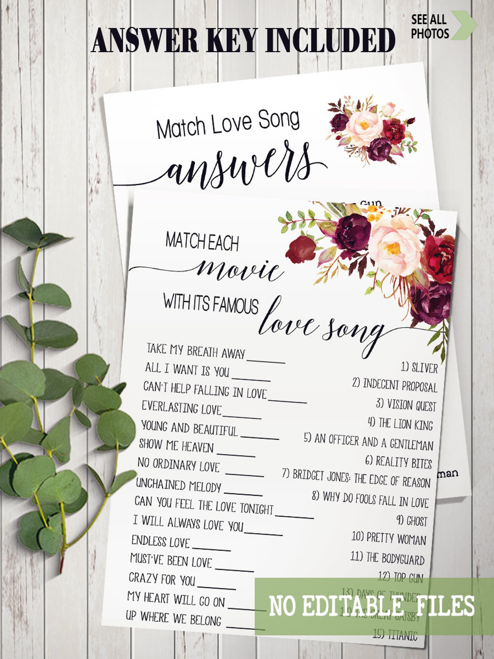 Match the Love Song Game Bridal Shower Activity Game Marsala - Etsy