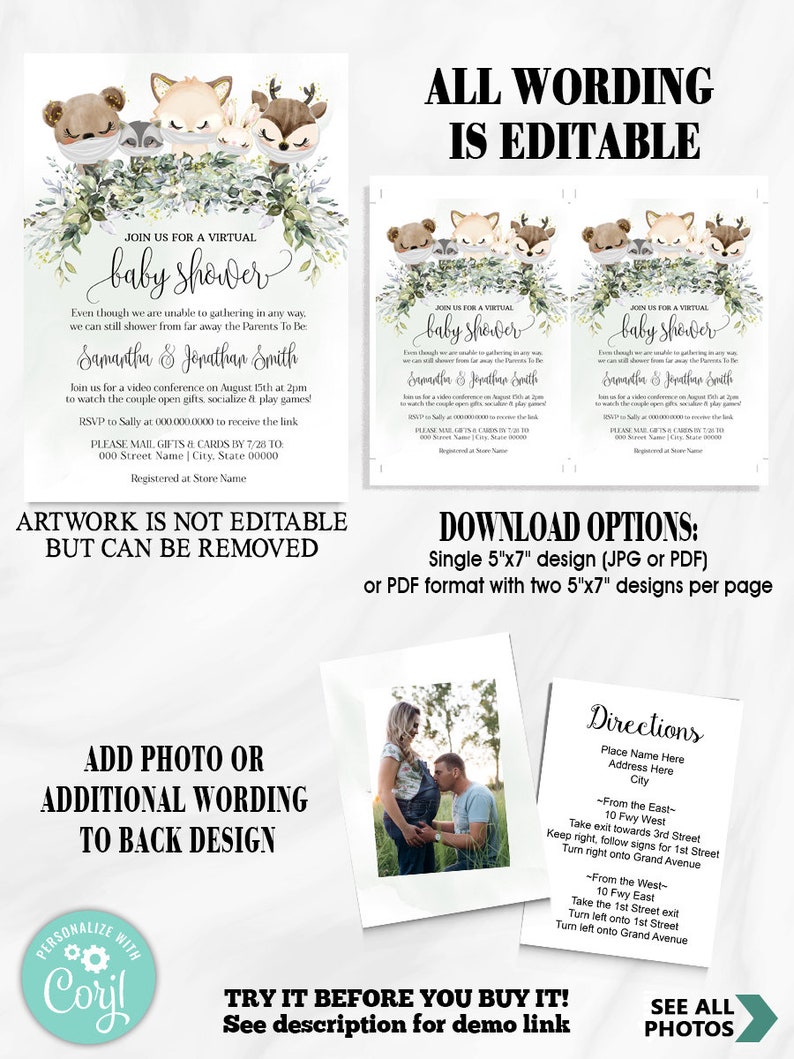 Virtual Baby Shower Invitation Forest Woodland Animal Invite Print or ...