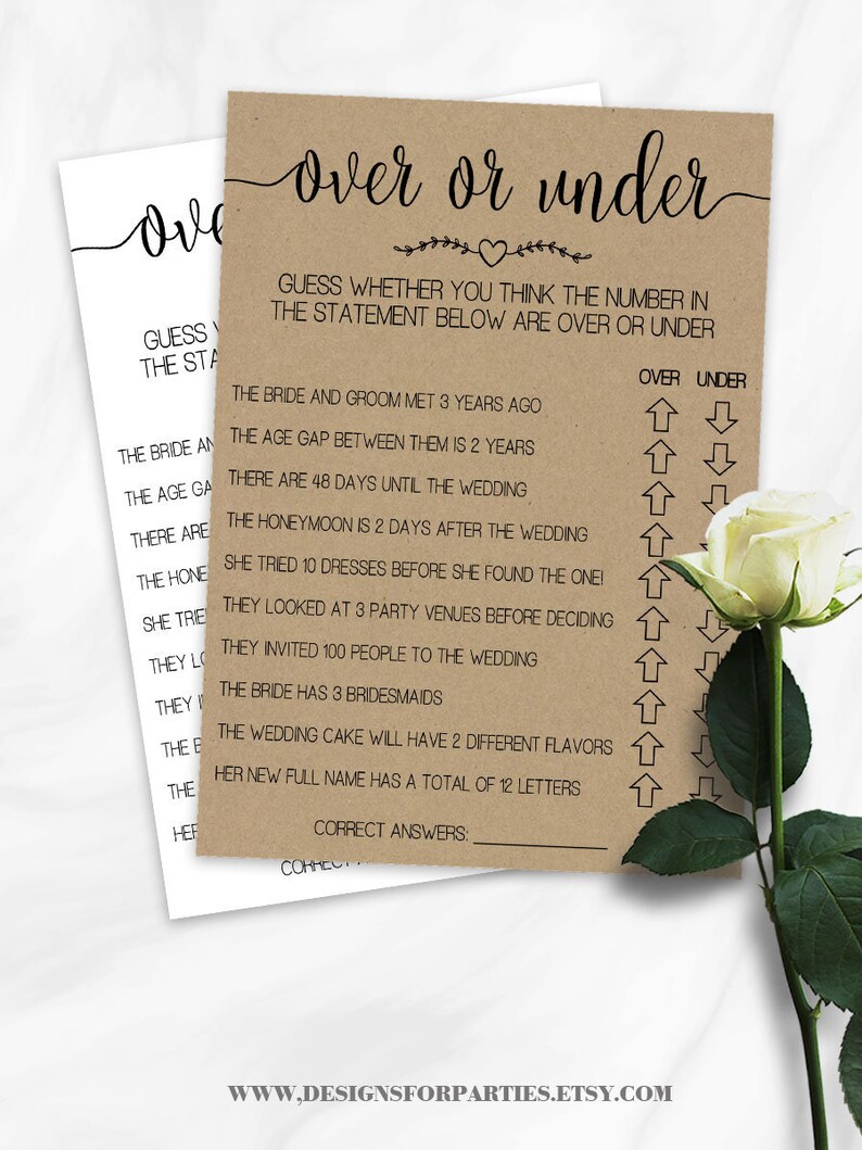 Over or Under Game Bridal Shower Activity Editable Game White - Etsy