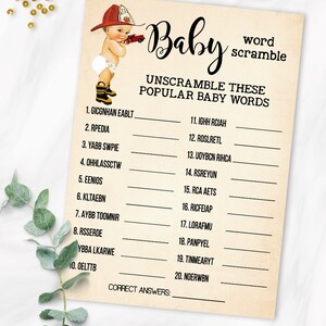 Fireman Word Scramble Baby Shower Game Baby Word Scramble Firefighter ...