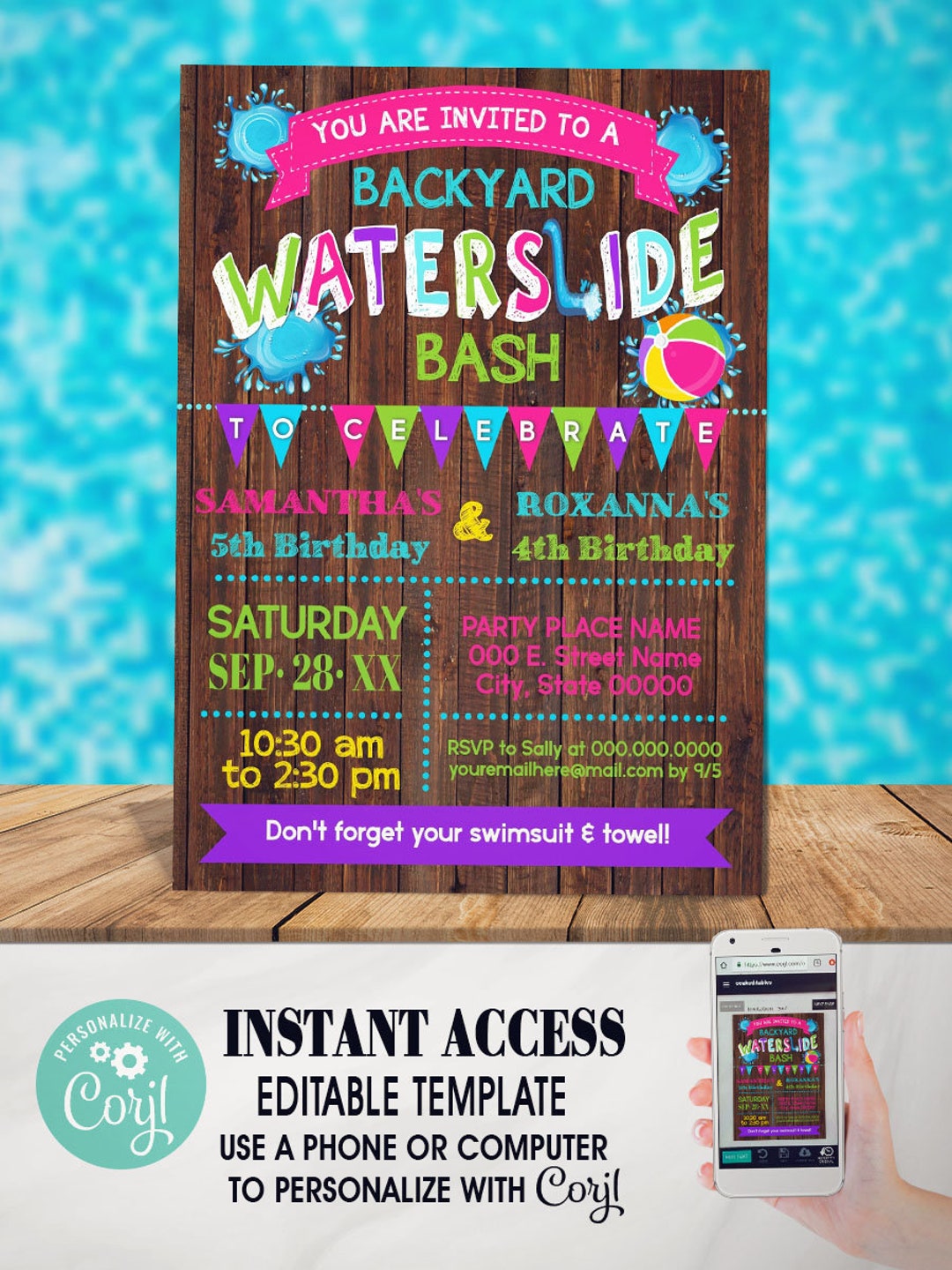 Waterslide Summer Backyard Bash Invitation Summer Water Hot Pink Wooden ...