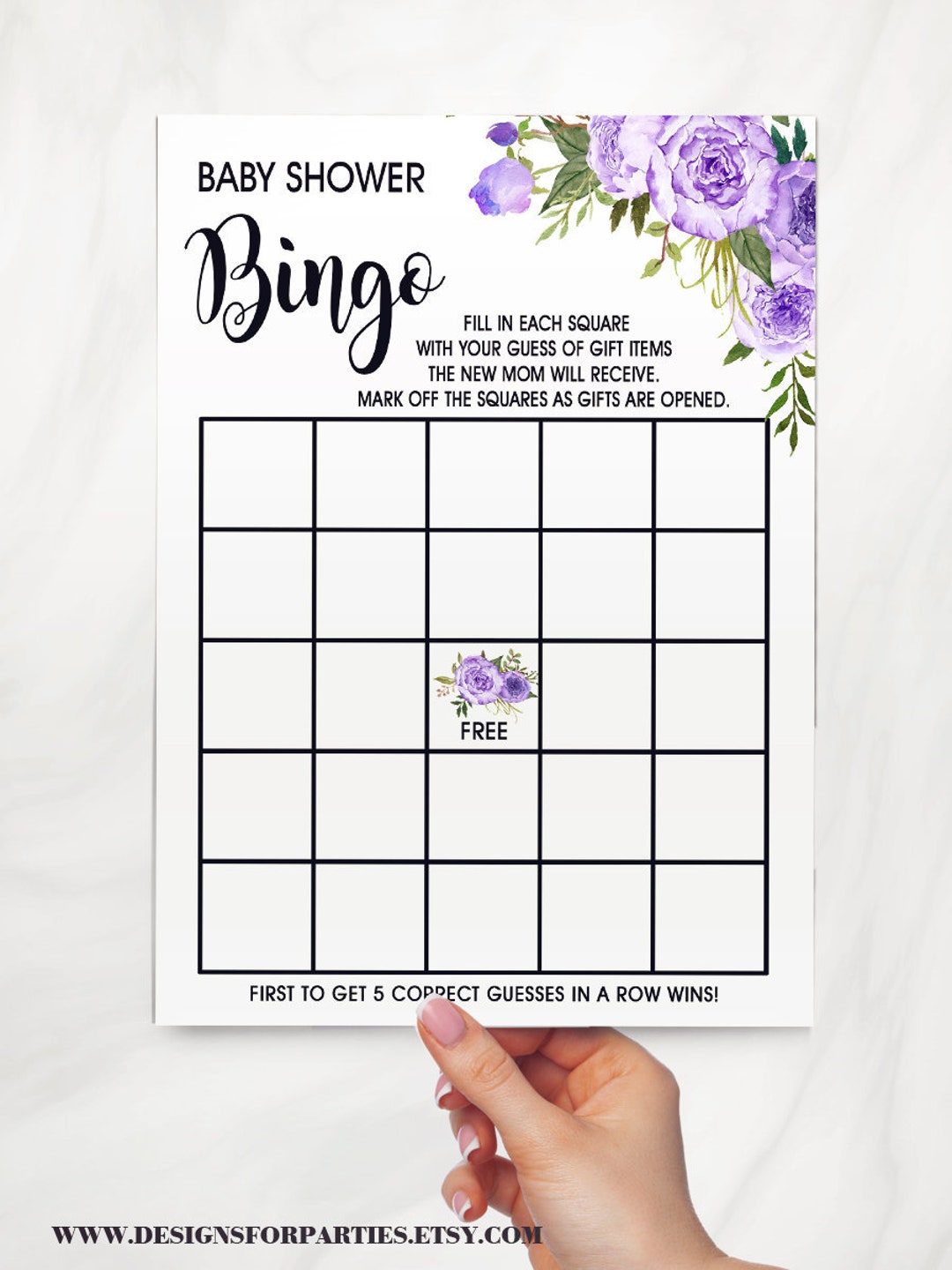Baby Shower Bingo Purple Floral Bingo Baby Shower Game Purple Flowers ...