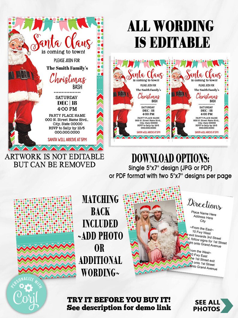 Retro Santa Invitation Santa Claus is Coming to Town Annual - Etsy