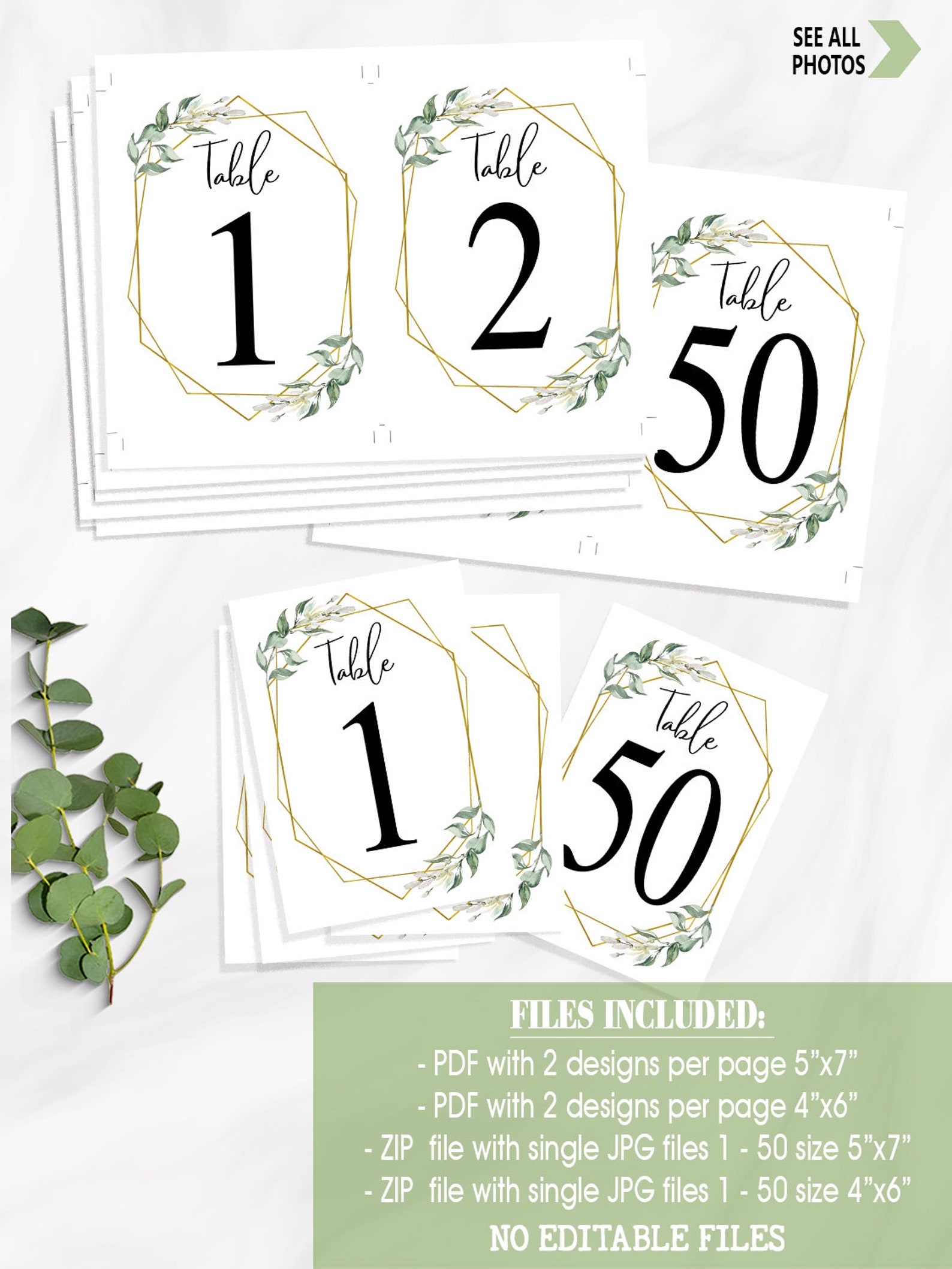 Eucalyptus Gold Table Numbers 1 to 50 Sign Wedding Reception Bridal ...