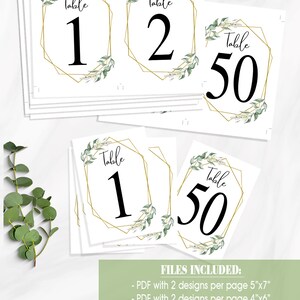 Eucalyptus Gold Table Numbers 1 to 50 Sign Wedding Reception Bridal ...