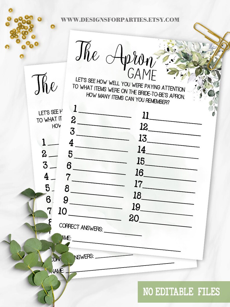 The Apron Game Bridal Shower Memory Game Greenery Eucalyptus - Etsy