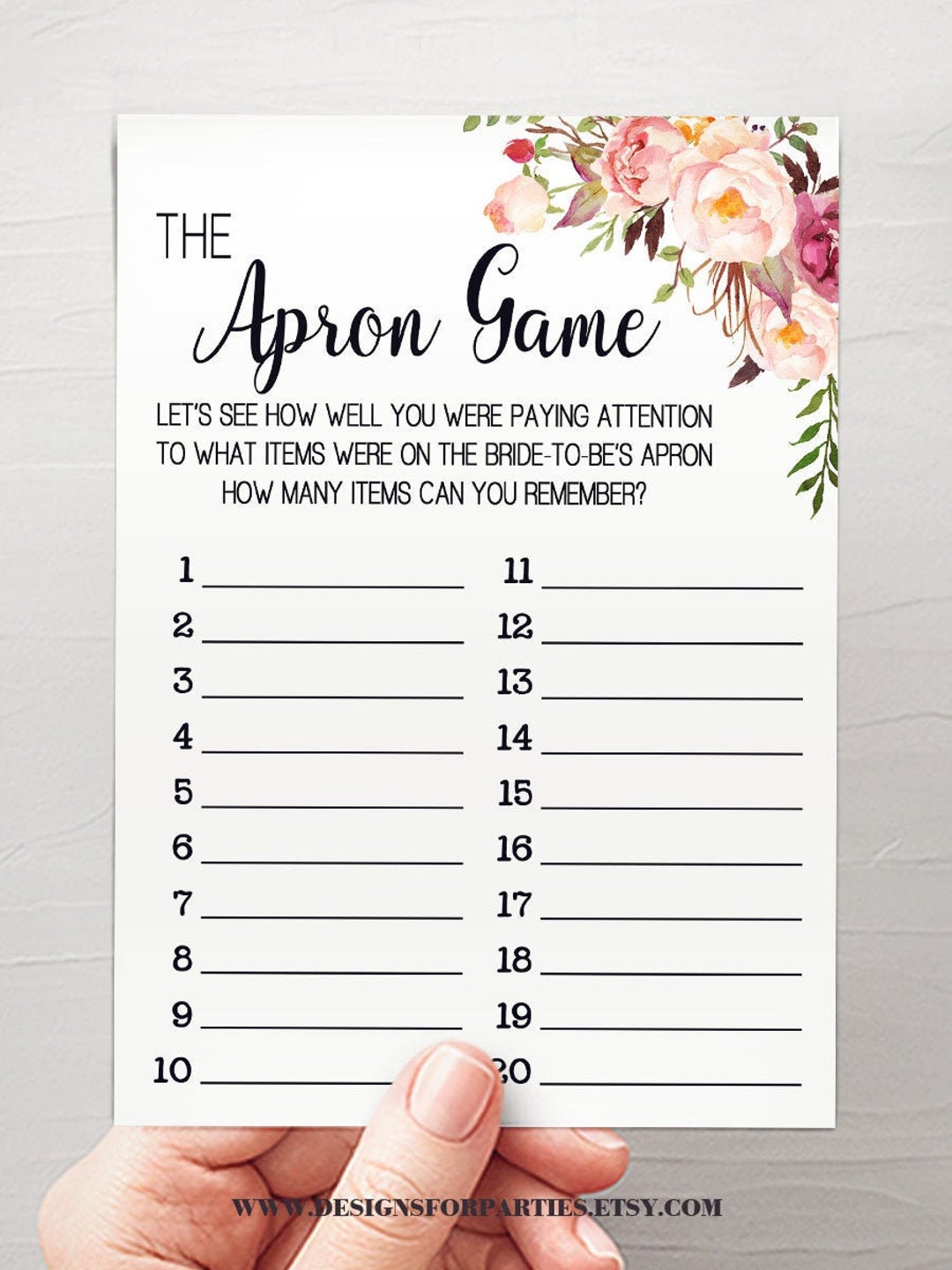 The Apron Game Bridal Shower Memory Game Pink Flowers Boho Country Chic ...