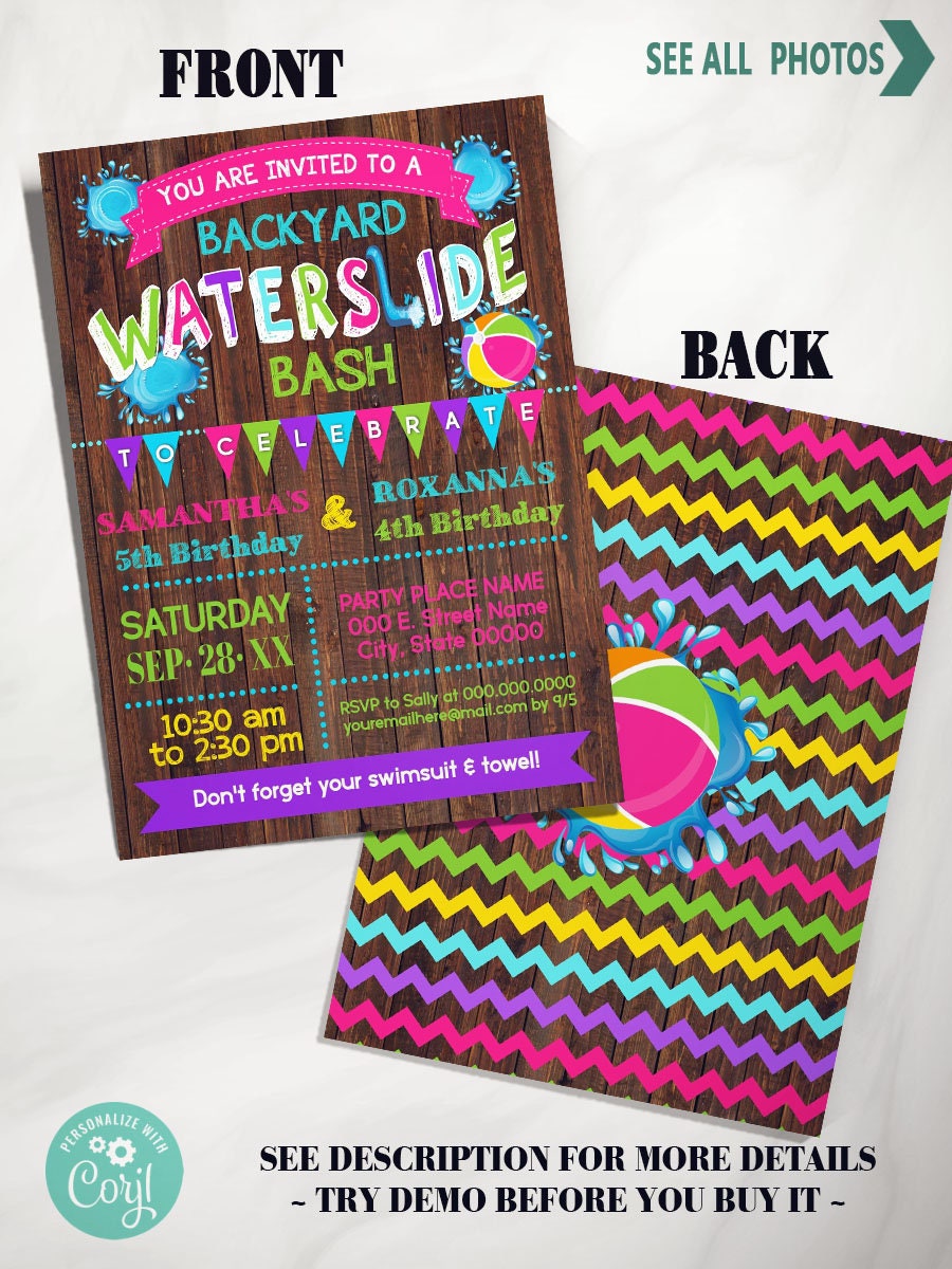 Waterslide summer backyard bash invitation summer water hot | Etsy