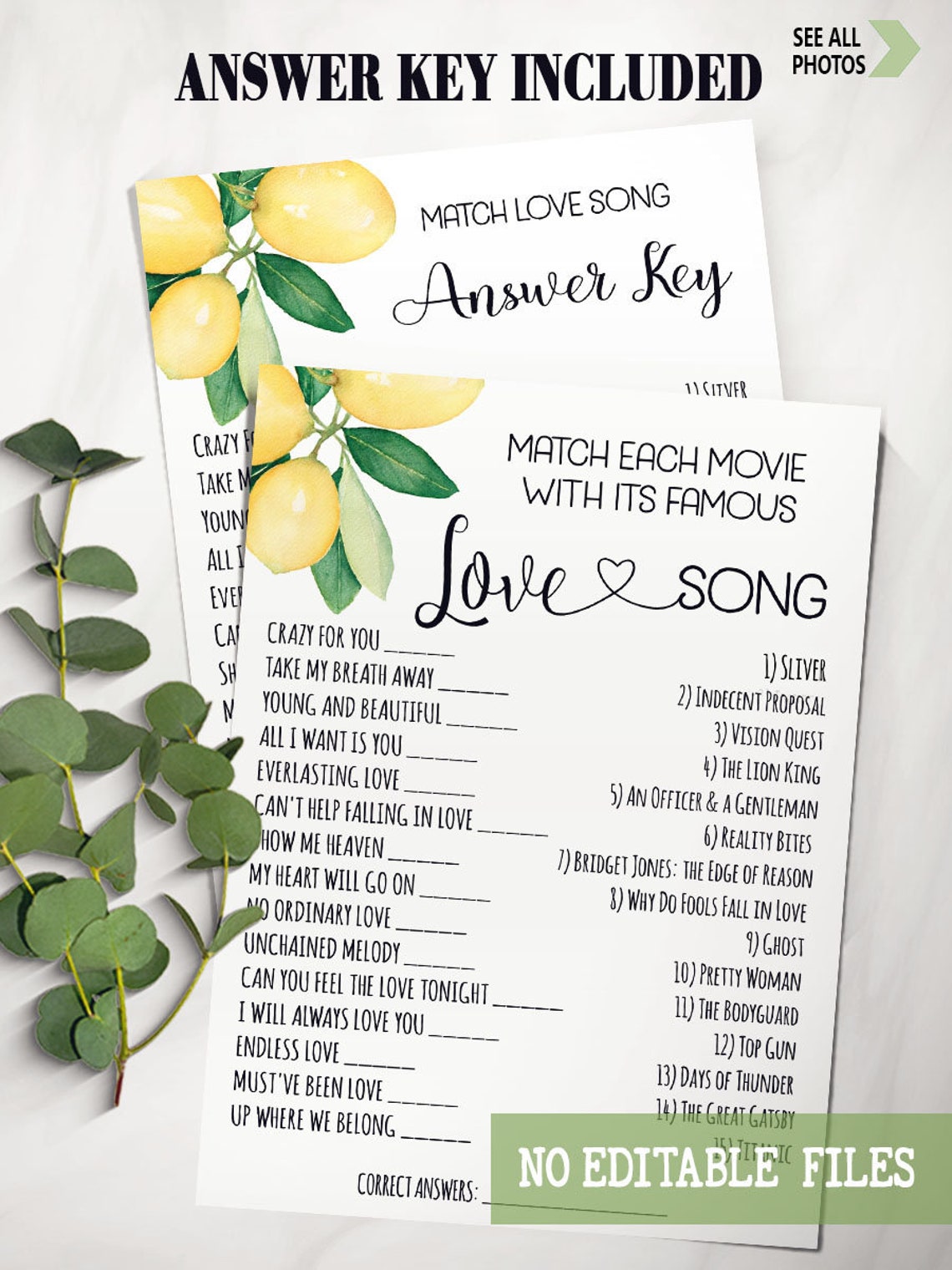 Match the Love Song Game Bridal Shower Activity Game Lemon - Etsy