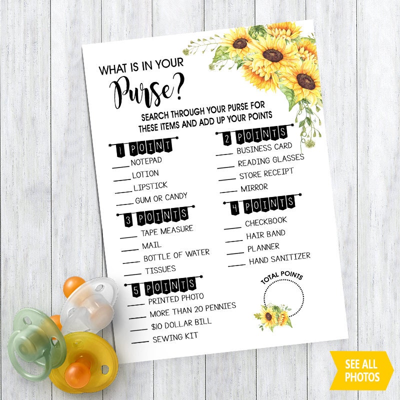 Sunflowers What is in Your Purse Baby Shower Game Sunflowers - Etsy