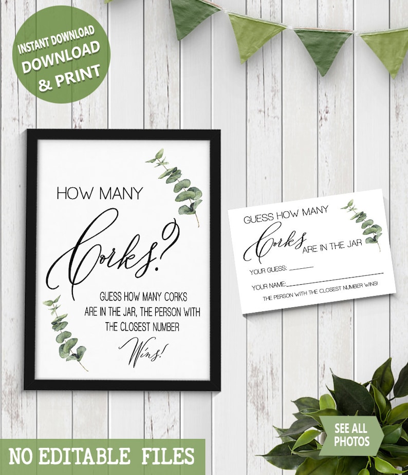 Guess How Many Corks Game Bridal Shower Couples Shower Eucalyptus ...