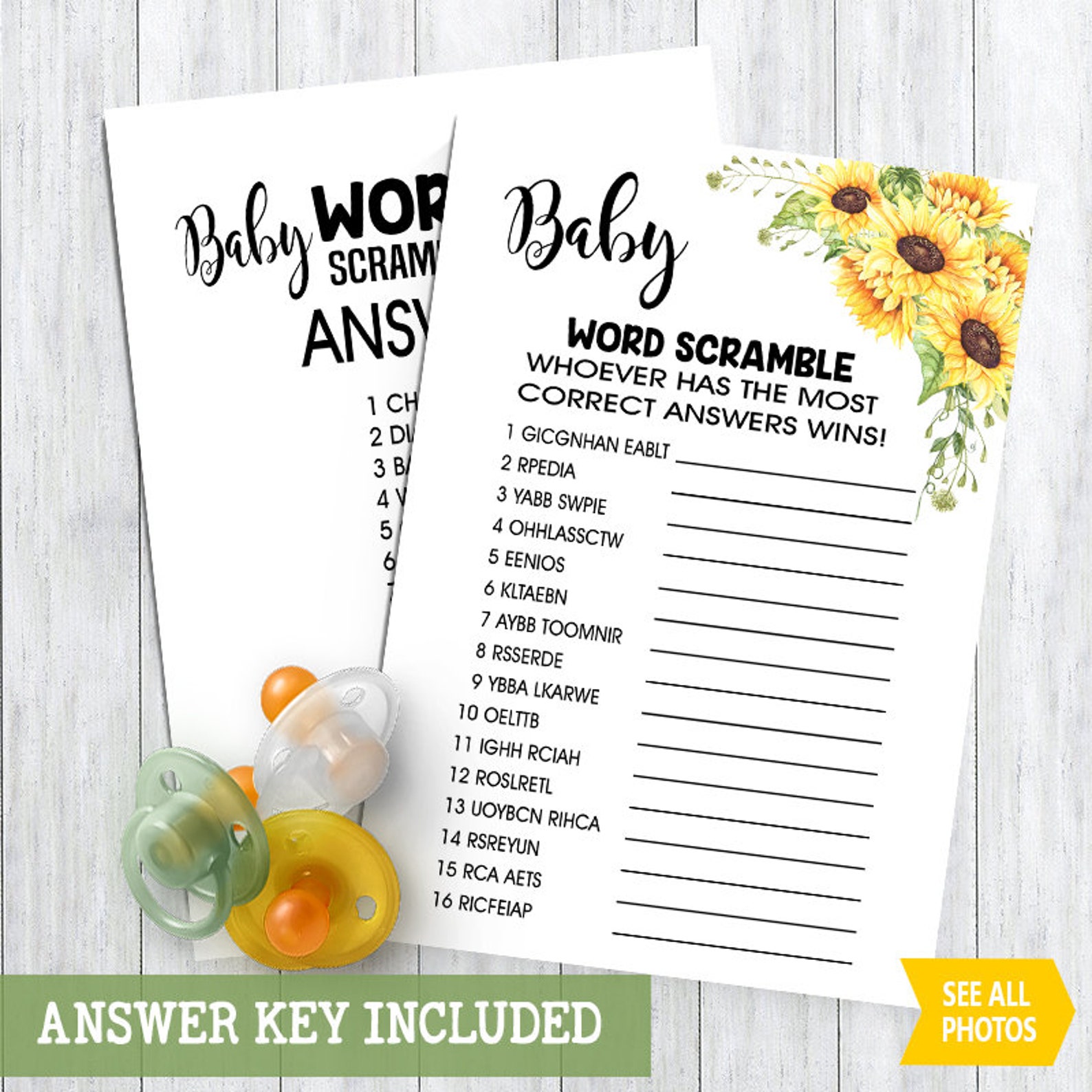 Sunflower Floral Baby Word Scramble Baby Shower Game - Etsy