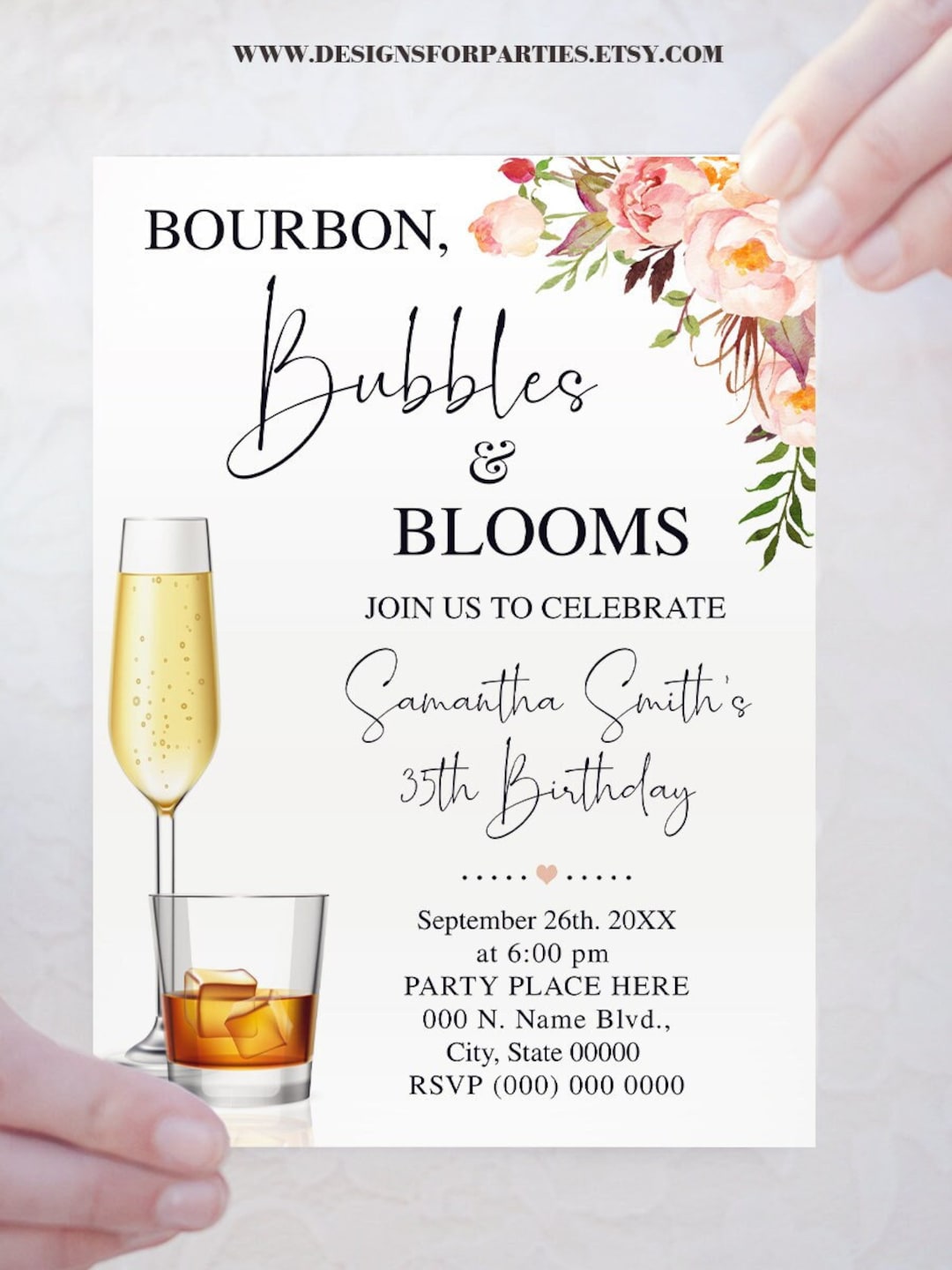 Pink Flowers Bourbon Bubbles and Blooms Birthday Party Invitation Boho ...