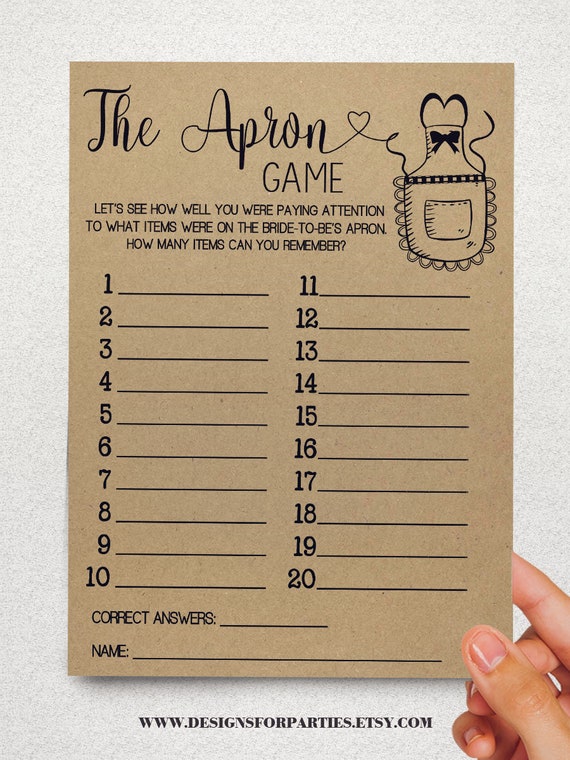 The Apron Game Bridal Shower Memory Game Rustic Country Chic - Etsy