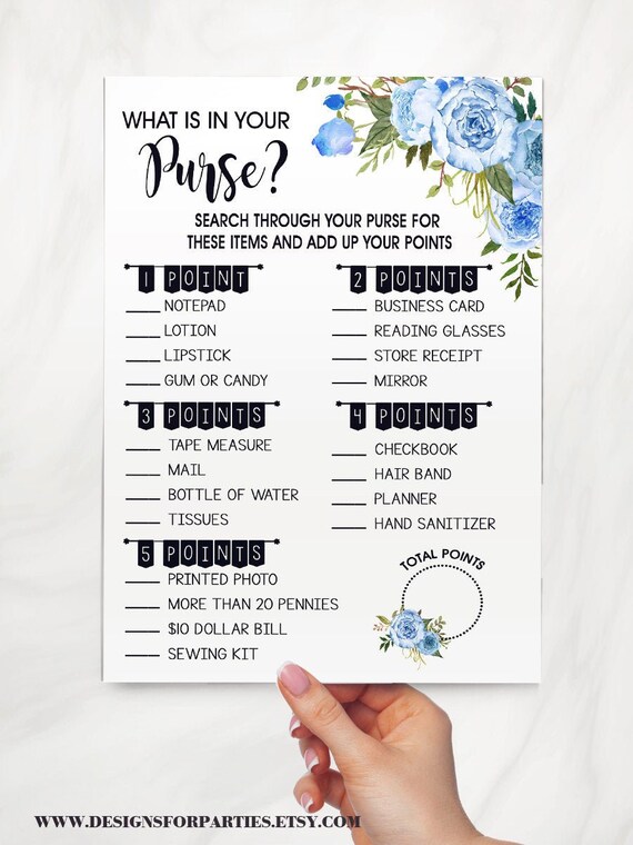 Blue Flowers What is in Your Purse Baby Shower Game Blue | Etsy