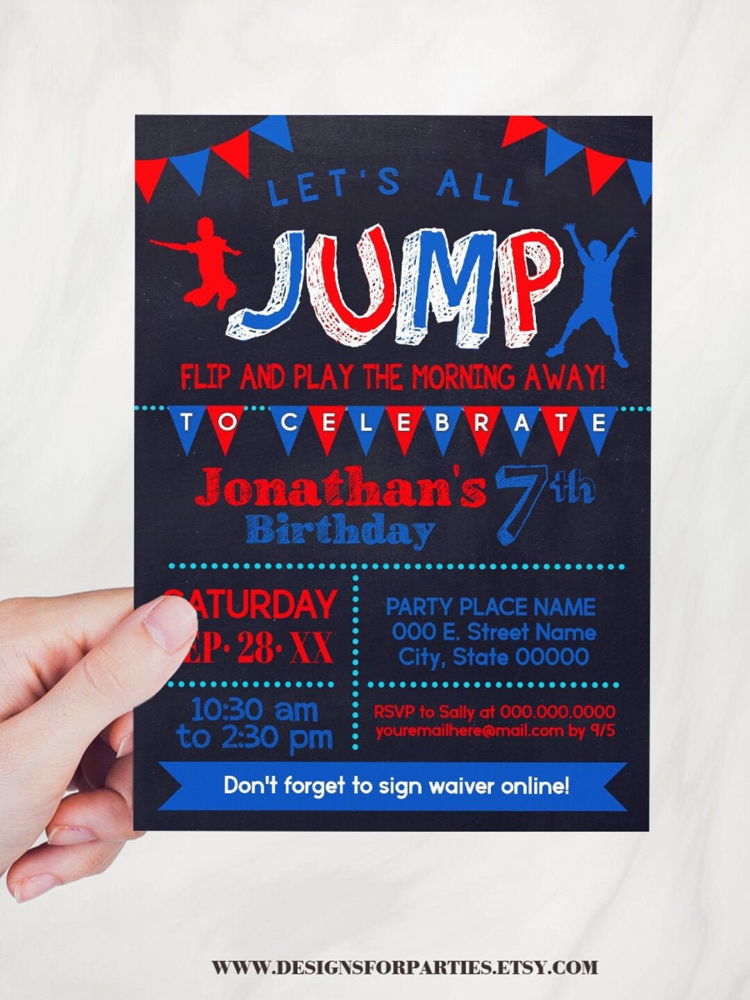 Jump Party Birthday Bash Invitation Bounce House Trampoline Party Red ...