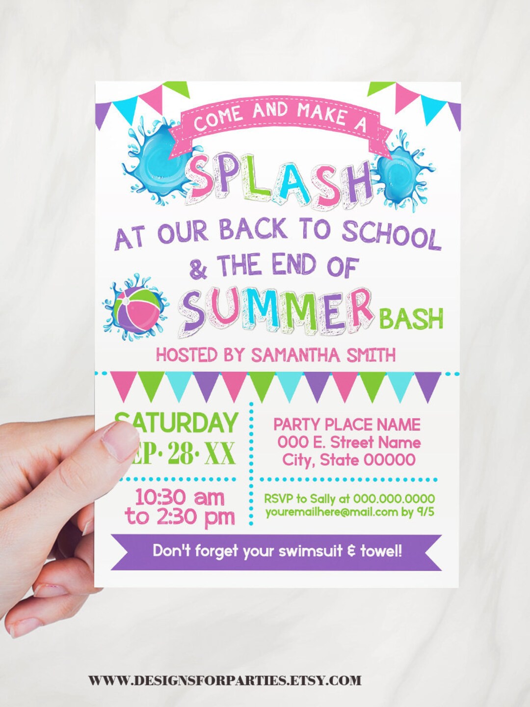 Pink Come Make a Splash Back to School & End of Summer Bash Invitation ...
