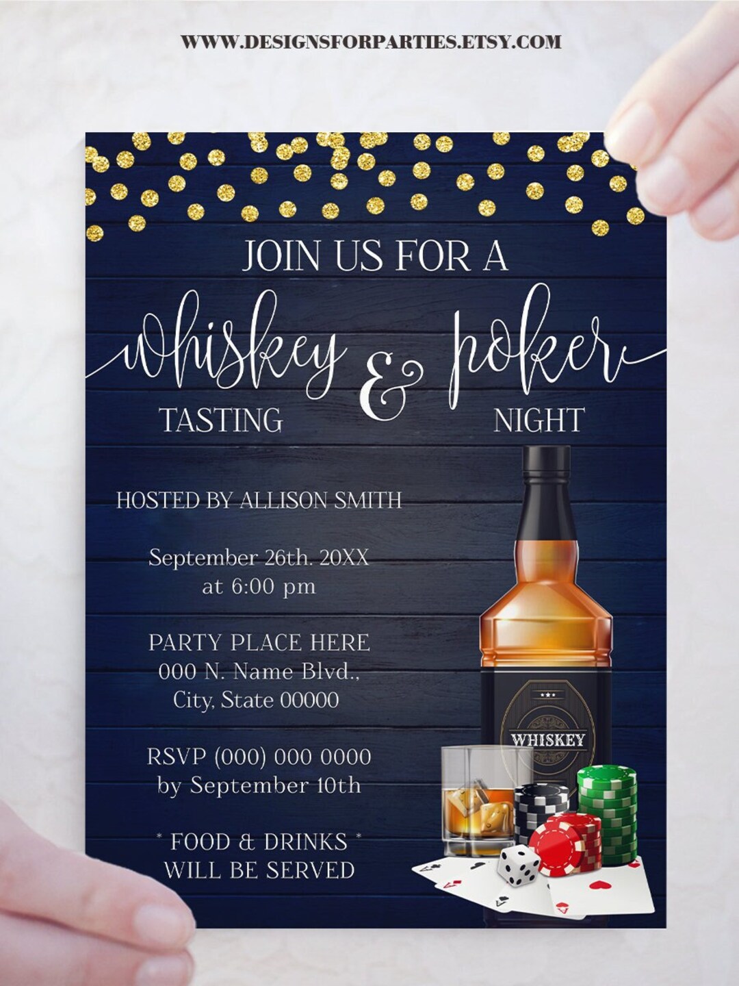 Whiskey Tasting & Poker Night Invitation, Gold Glitter, Blue Wood (edit ...