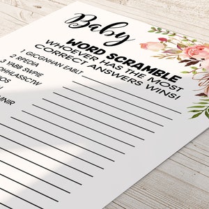 Pink Floral Baby Word Scramble Baby Shower Game Pink Flowers Boho ...