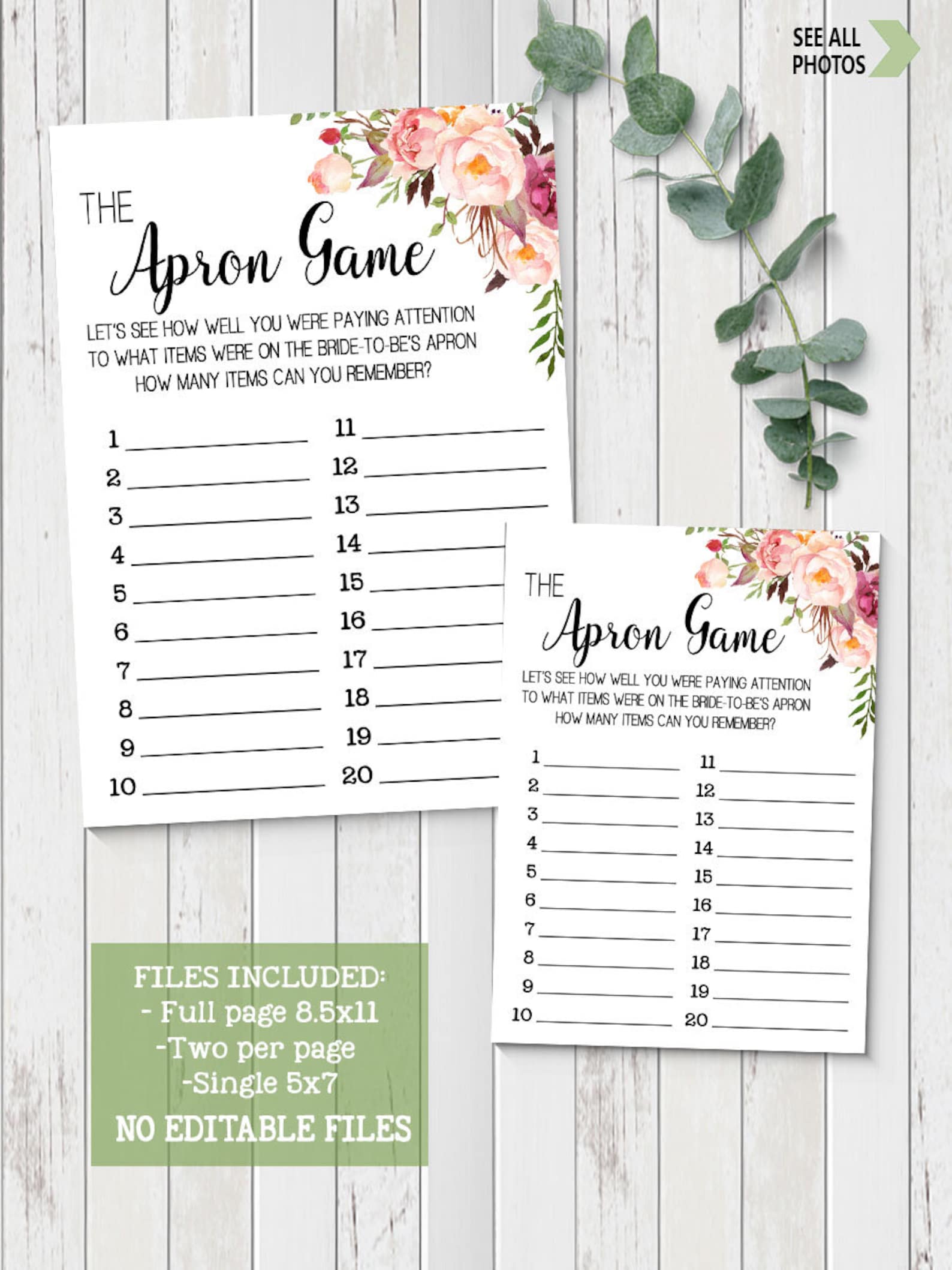 The Apron Game Bridal Shower Memory Game Pink Flowers Boho Etsy