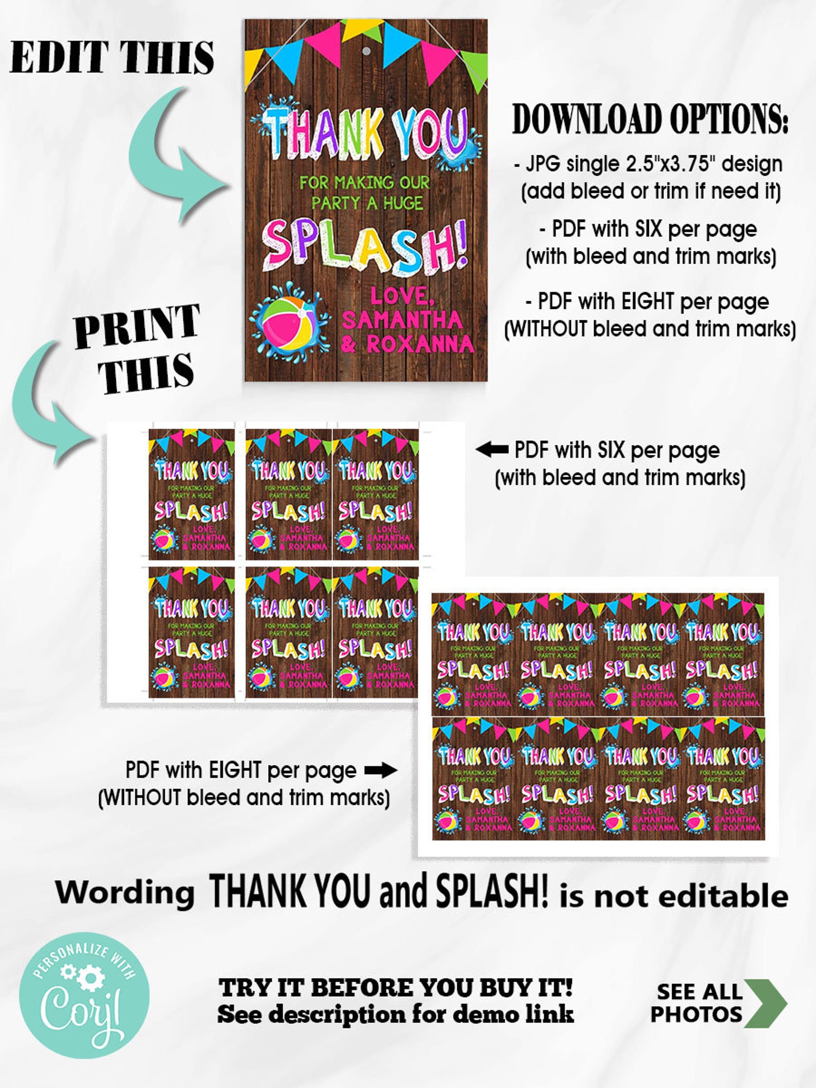 Thank You Tag Pool Waterslide Summer Bash Birthday Favor Tag - Etsy