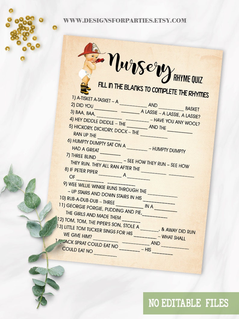 Fireman Nursery Rhymes Baby Shower Game Complete the Rhyme - Etsy