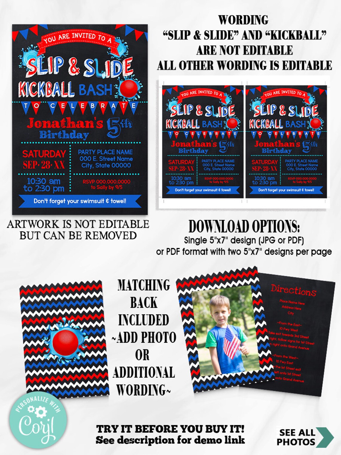 Slip & Slide Kickball Summer Birthday Bash Invitation Children | Etsy