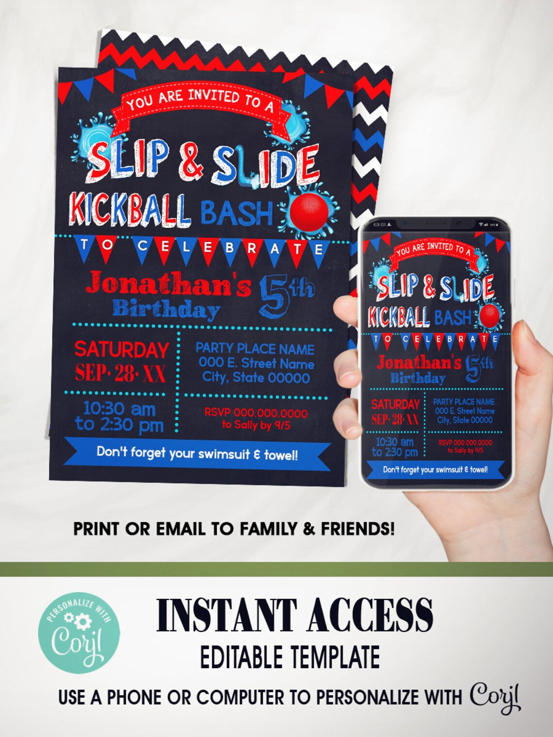 Slip & Slide Kickball Summer Birthday Bash invitation children | Etsy
