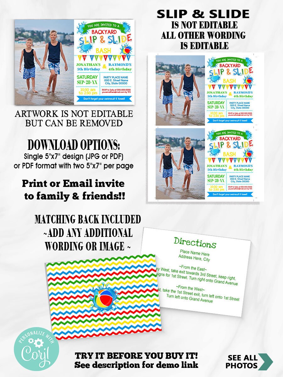 Slip & Slide Siblings Birthday Photo Invitation: Backyard Water Bash ...