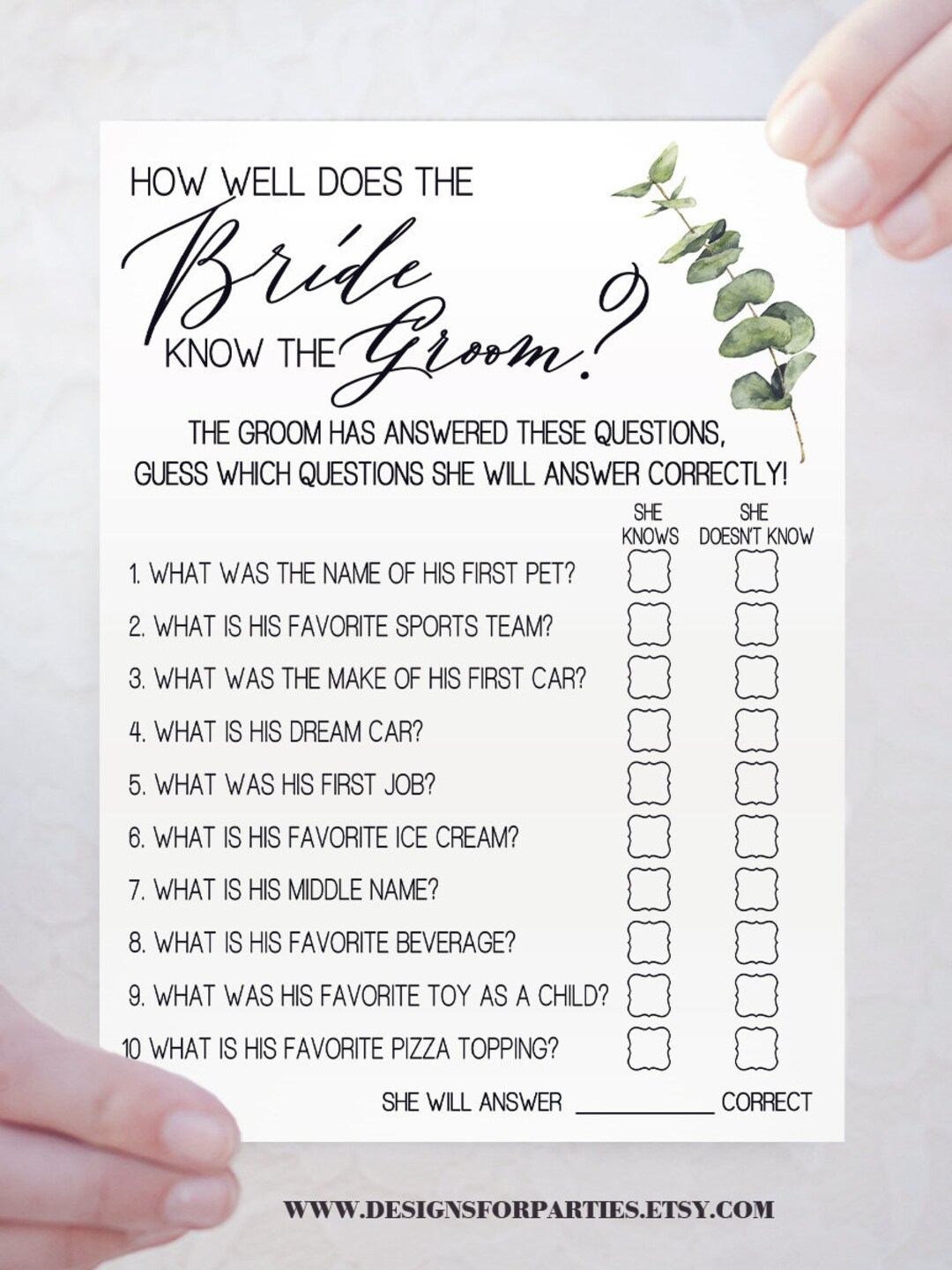 How Well Does the Bride Know the Groom Bridal Shower Game Eucalyptus ...