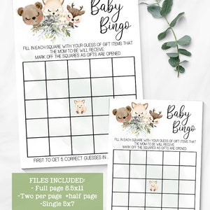 Forest Animals Baby Shower Bingo, Bingo Baby Shower Game Greenery ...