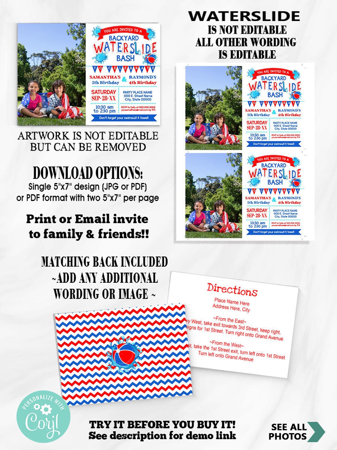 Waterslide Summer Backyard Water Bash Invitation Red White & - Etsy