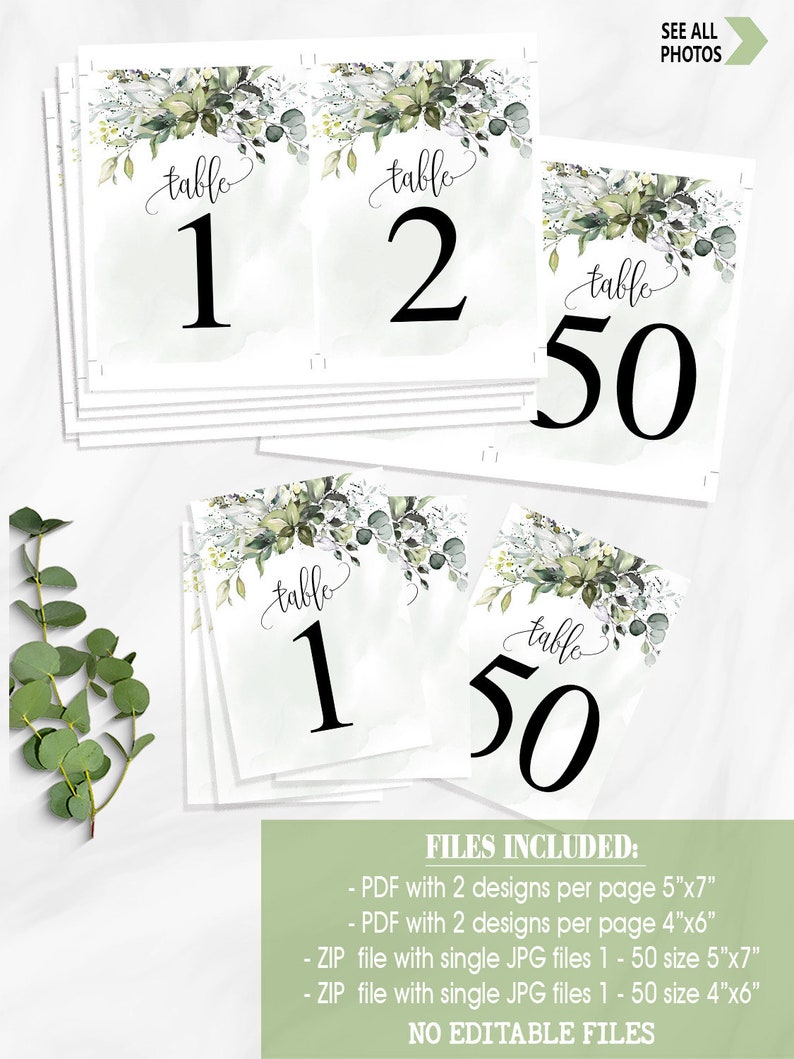 Eucalyptus Greenery Table Numbers 1 to 50 Sign Wedding - Etsy