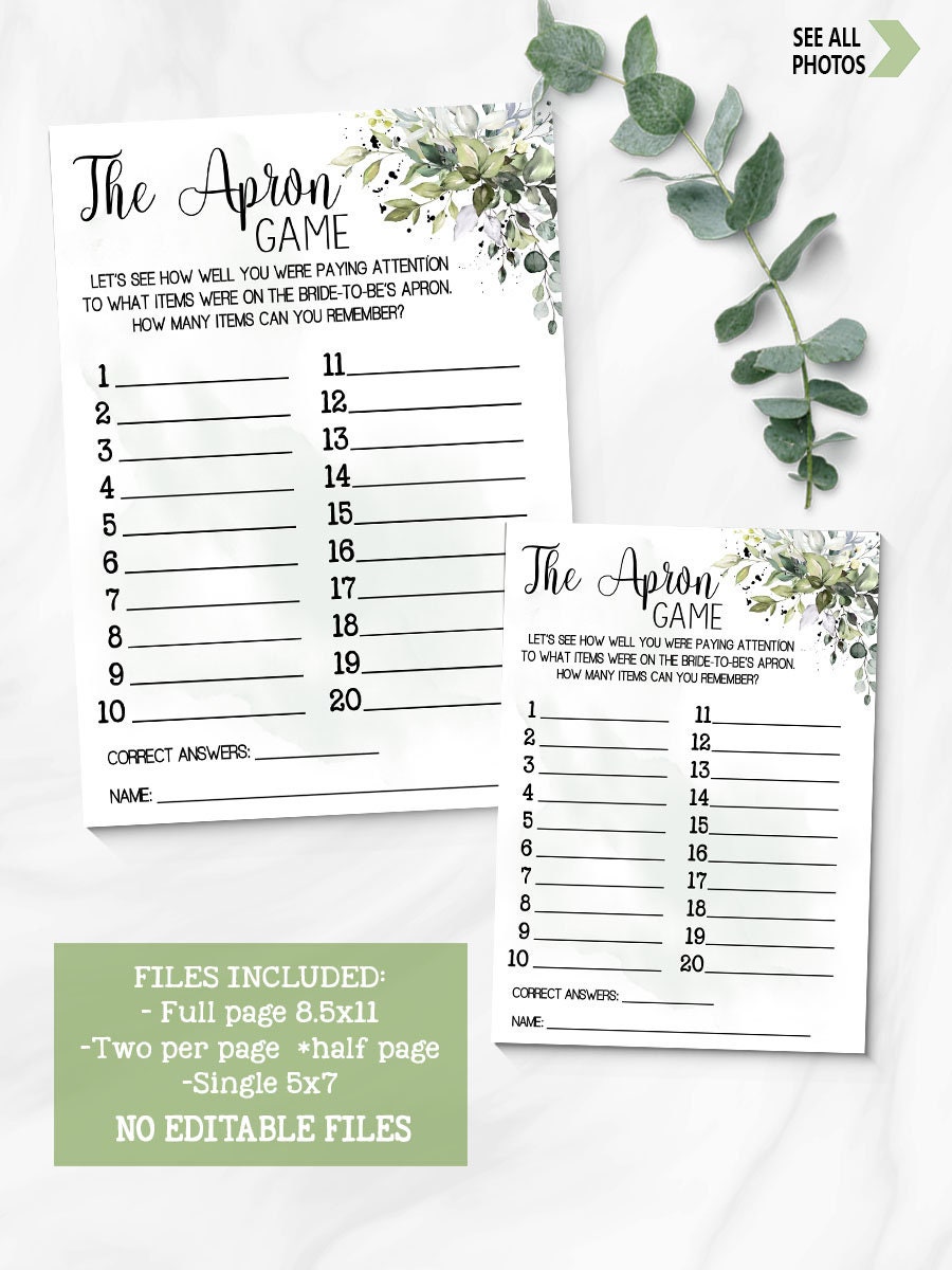 The Apron Game Bridal Shower Memory Game Greenery Eucalyptus - Etsy