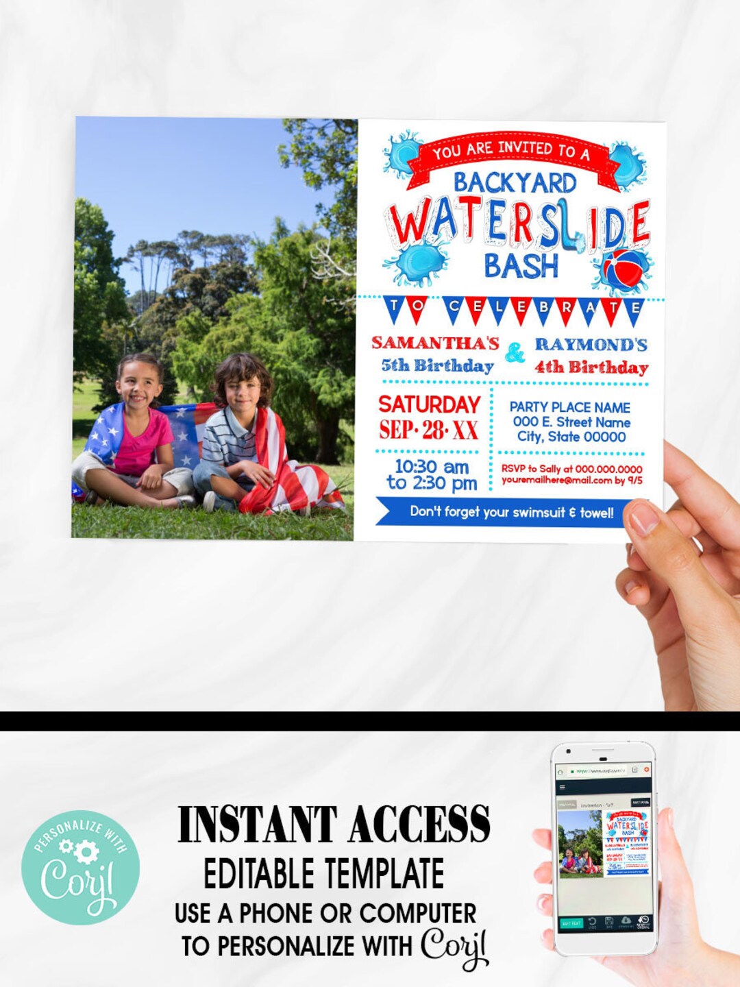Waterslide Summer Backyard Water Bash Invitation Red White & Blue ...