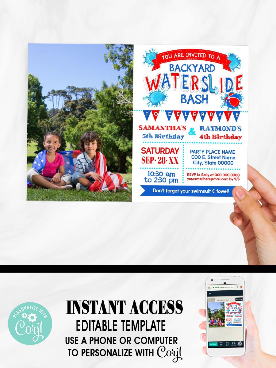 Waterslide summer backyard water bash invitation red white & | Etsy