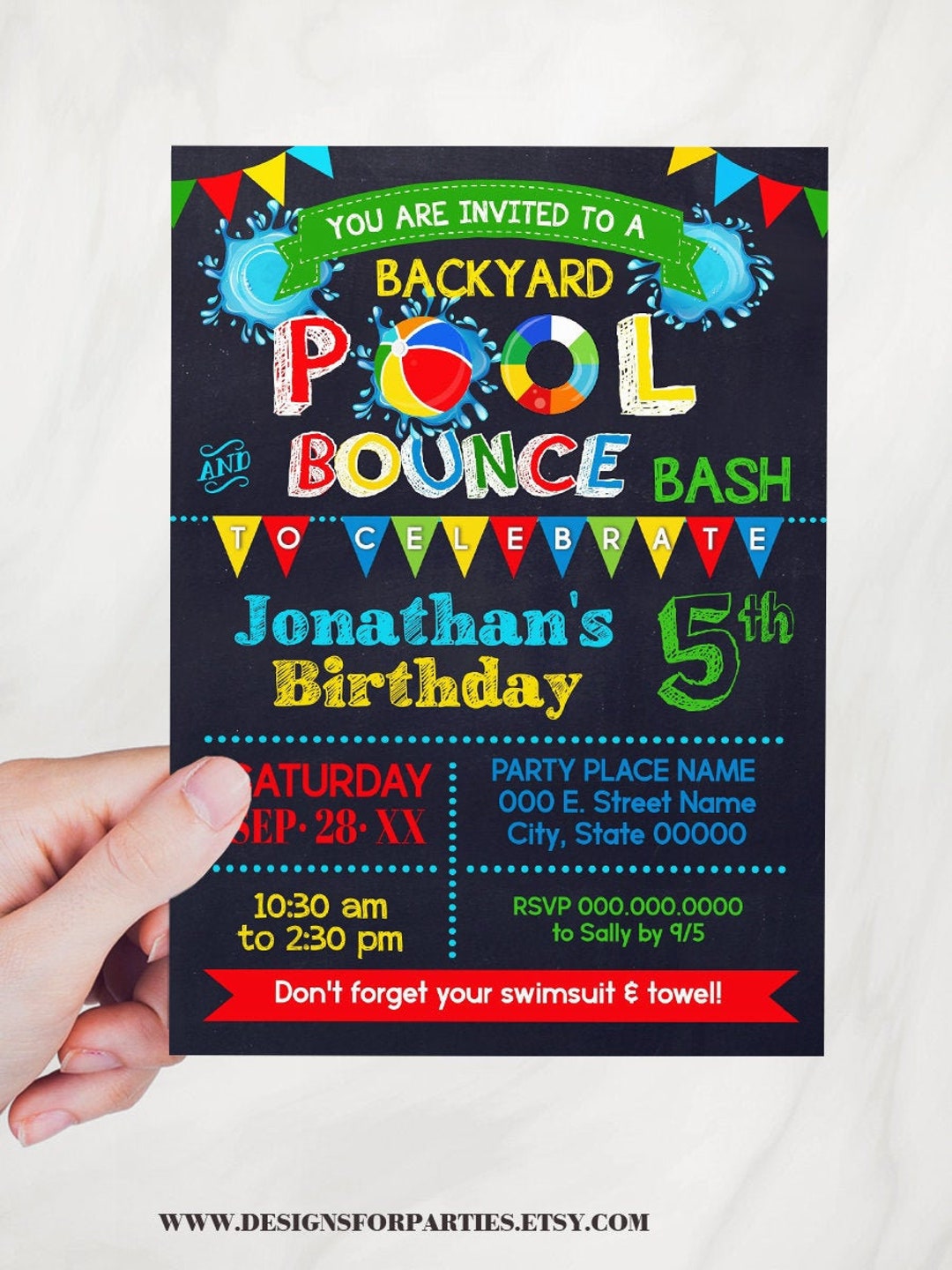 Pool and Bounce Backyard Summer Bash Invitation Children Primary Colors ...