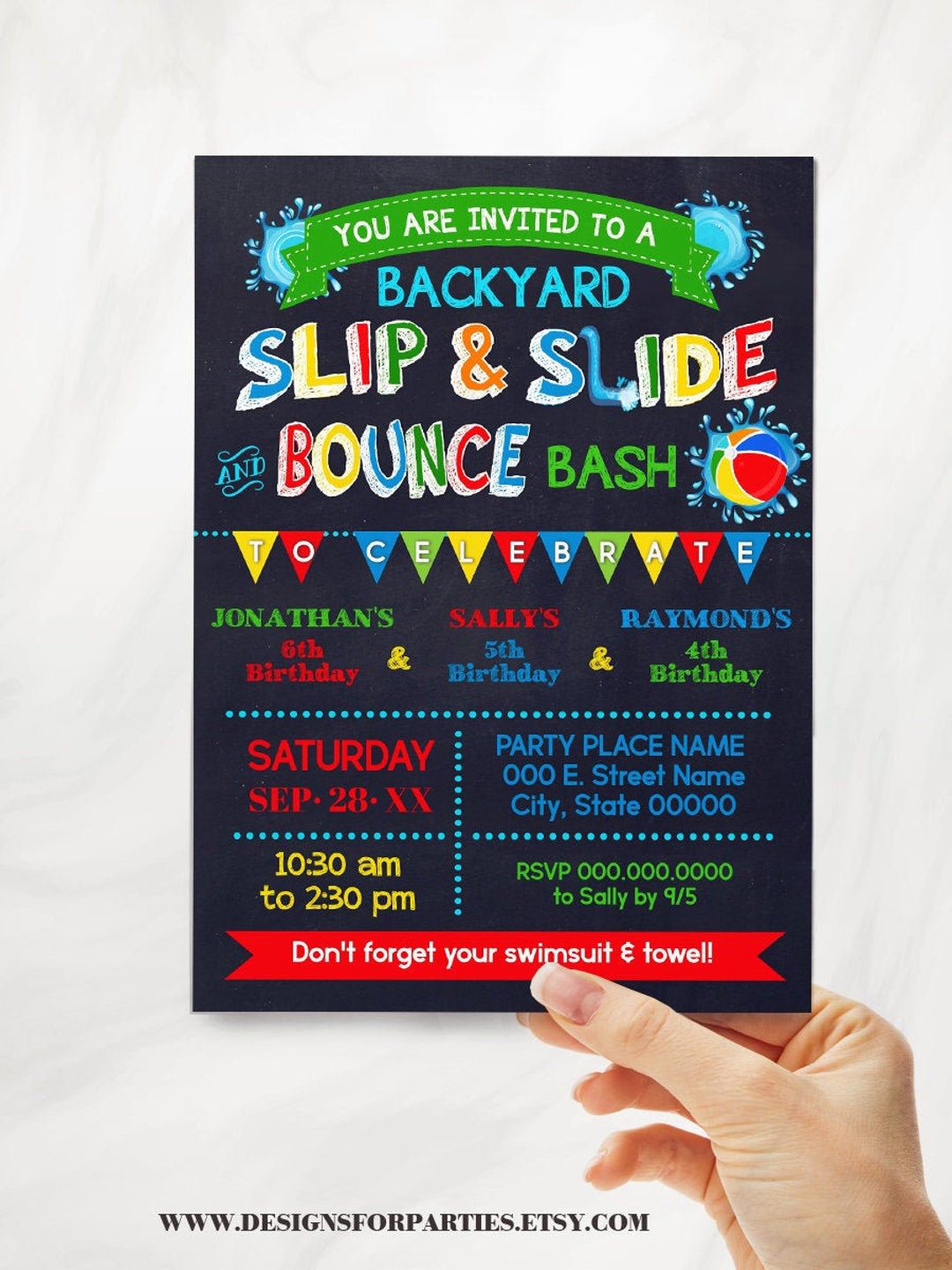Slip & Slide Bounce Three Siblings Birthday Invitation: Primary Colors ...